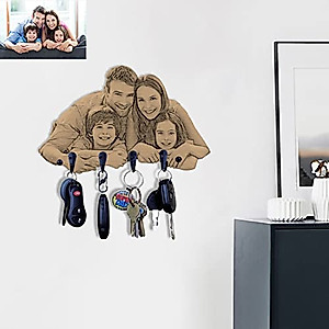 Ozinna Personalized Key Holder with Photo Frame for Wall Decorative Custom Picture Wooden Key Hangers for Rustic Home Decor, Key Organizer Mount with 4 Hooks Decorative Family Sign (Wooden Key Hooks)