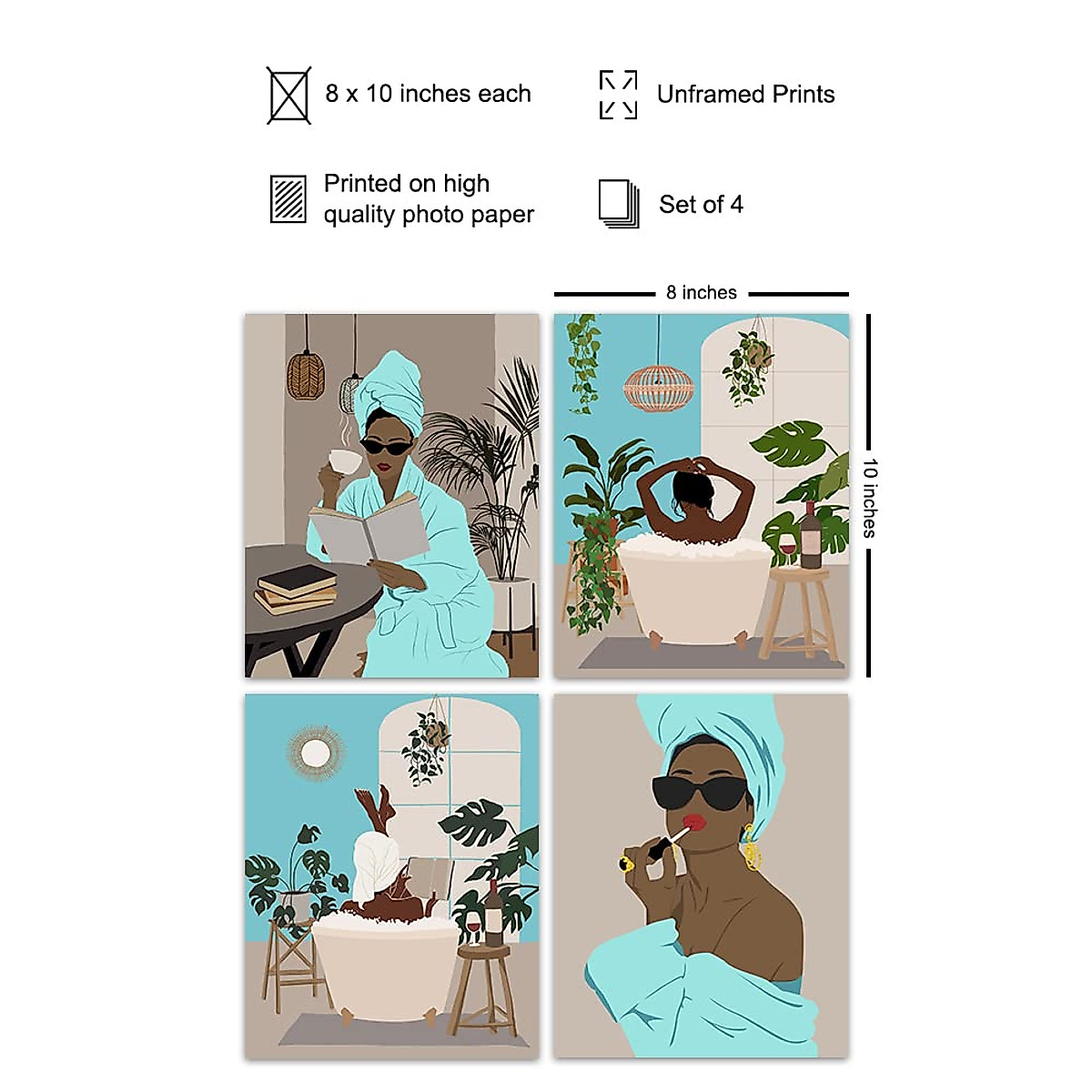 Light Blue African American Bathroom Decor Set - African American Women - Minimalist Abstract Wall Art - Afro Black Art - Black Culture - Guest Bath, Powder Room, Restroom Spa Decorations Accessories