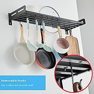 SIMVE Kitchen Hanging Pots and Pans Rack Wall Mounted, 33.3 Inch Metal Shelf with 12 Utensils Hooks, Lids and Dish holder, Modern Steel Storage Hanger for Cookware, Matte Black