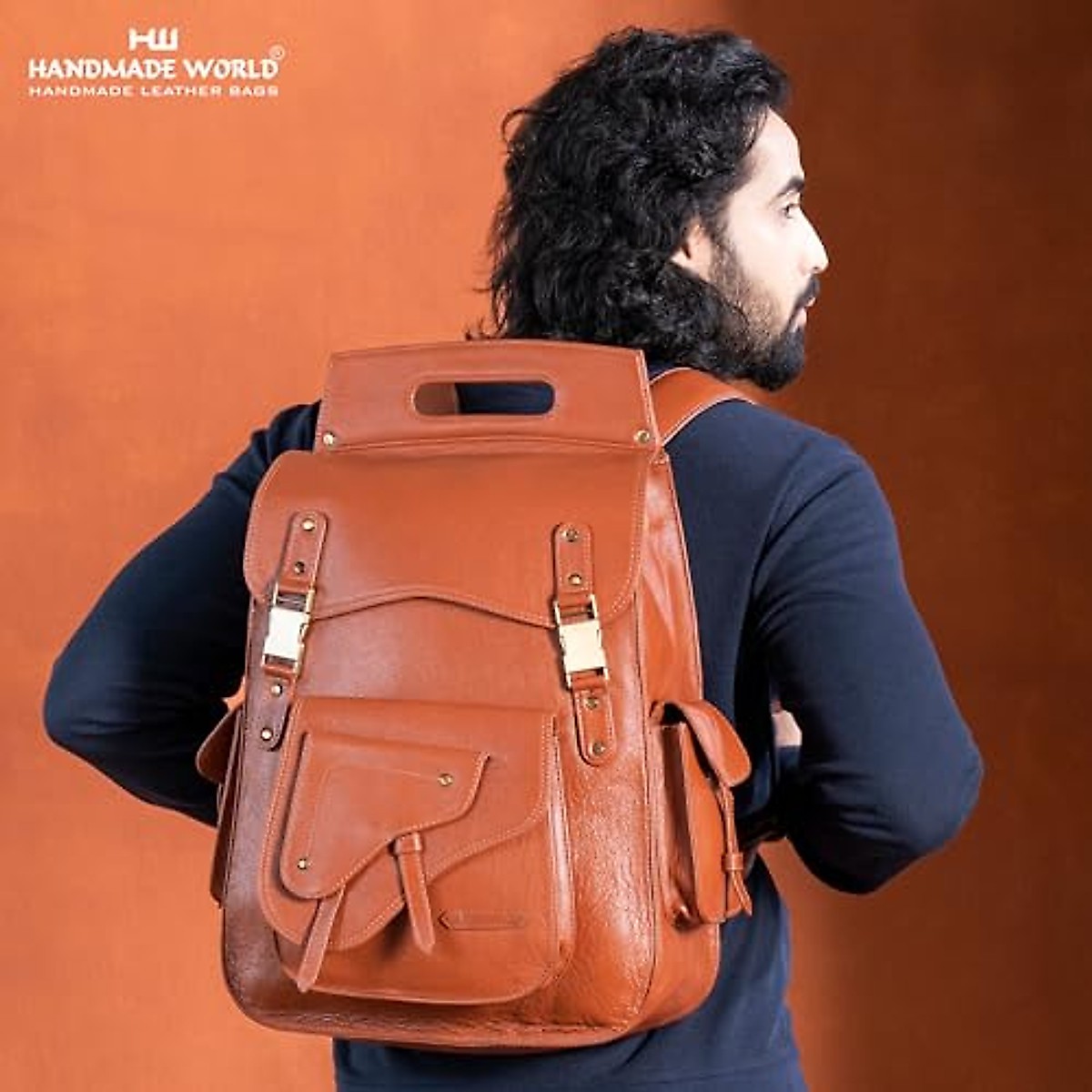 Handmade World Full Grain 18 Inch Leather Laptop Large Backpack Casual Bookbag Daypack Camping Travel Rucksack Knapsack (Tan Brown)