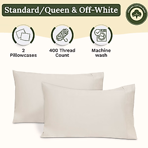 Organic Cotton Standard Size Pillowcases - Off-White, GOTS Certified, 400 Thread Count, 21"x30", Unbleached, Dye-Free All Natural 100% Cotton Pillow Cases (Off-White, Standard Size - Set of 2)