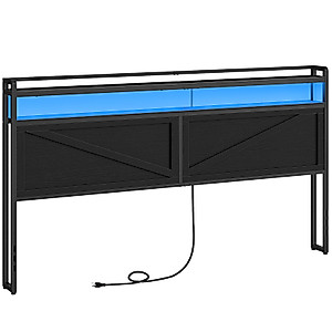 HOOBRO King Size Headboard, Headboard with Charging Station and LED Light Strip, 2-Tier Storage Headboard with Outlets and USB Ports, Industrial Style, for King Size Beds, Black