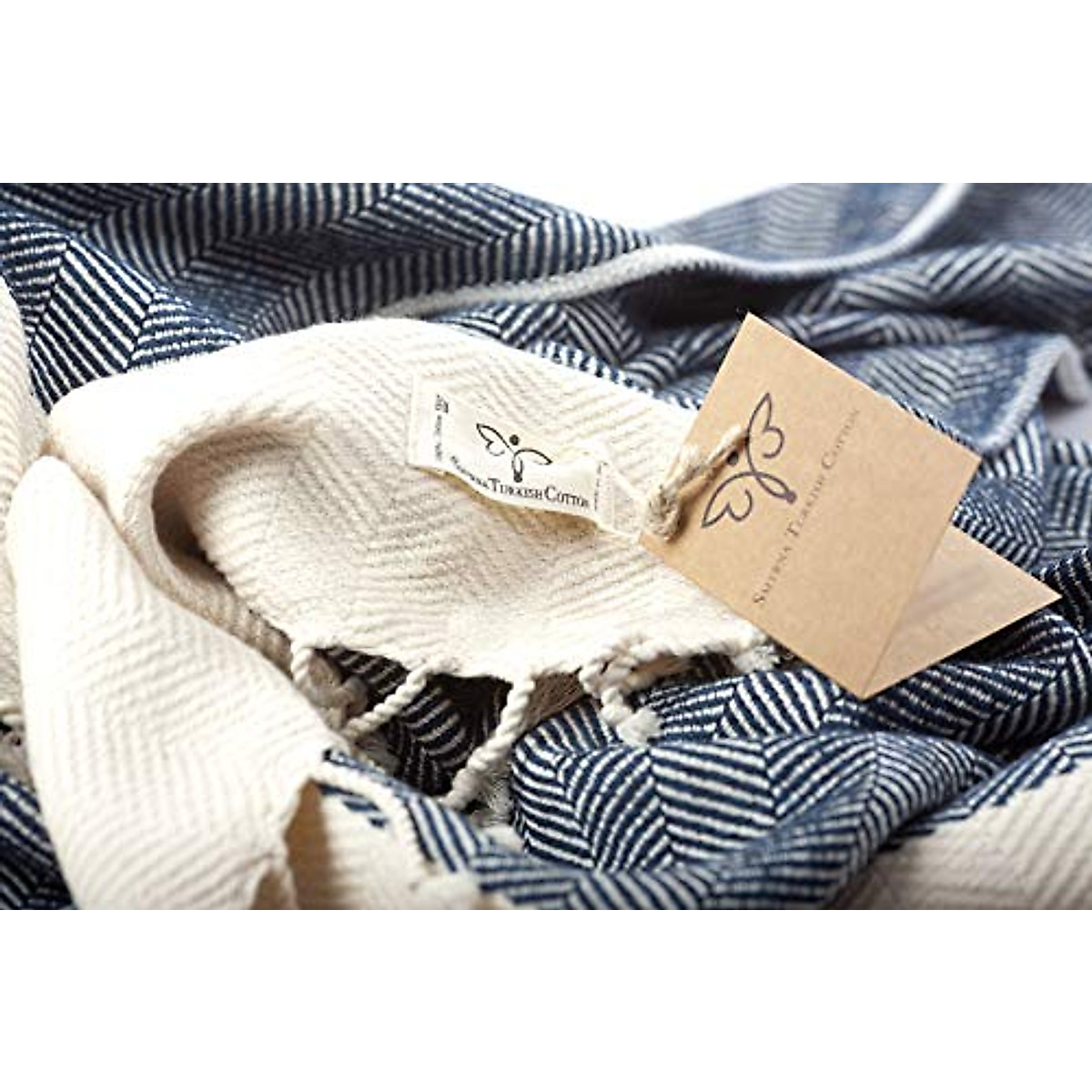 Smyrna Original Turkish Throw Blanket Herringbone Series | 100% Cotton, 50 x 60 Inches | Vintage Boho Throw Blankets for Couch, Sofa, Farmhouse and Home Decor | Lightweight and Super Soft (Navy)