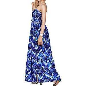 LA LEELA Women's Boho A line Smocked Strapless Dresses Evening Long Tube Top Slit Maxi Dress for Women One Size Azure, Zig Zag