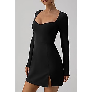 QINSEN Long Sleeve Dress for Women Sexy Sweetheart High Waist Flare Mini Dress Clubwear Black M
