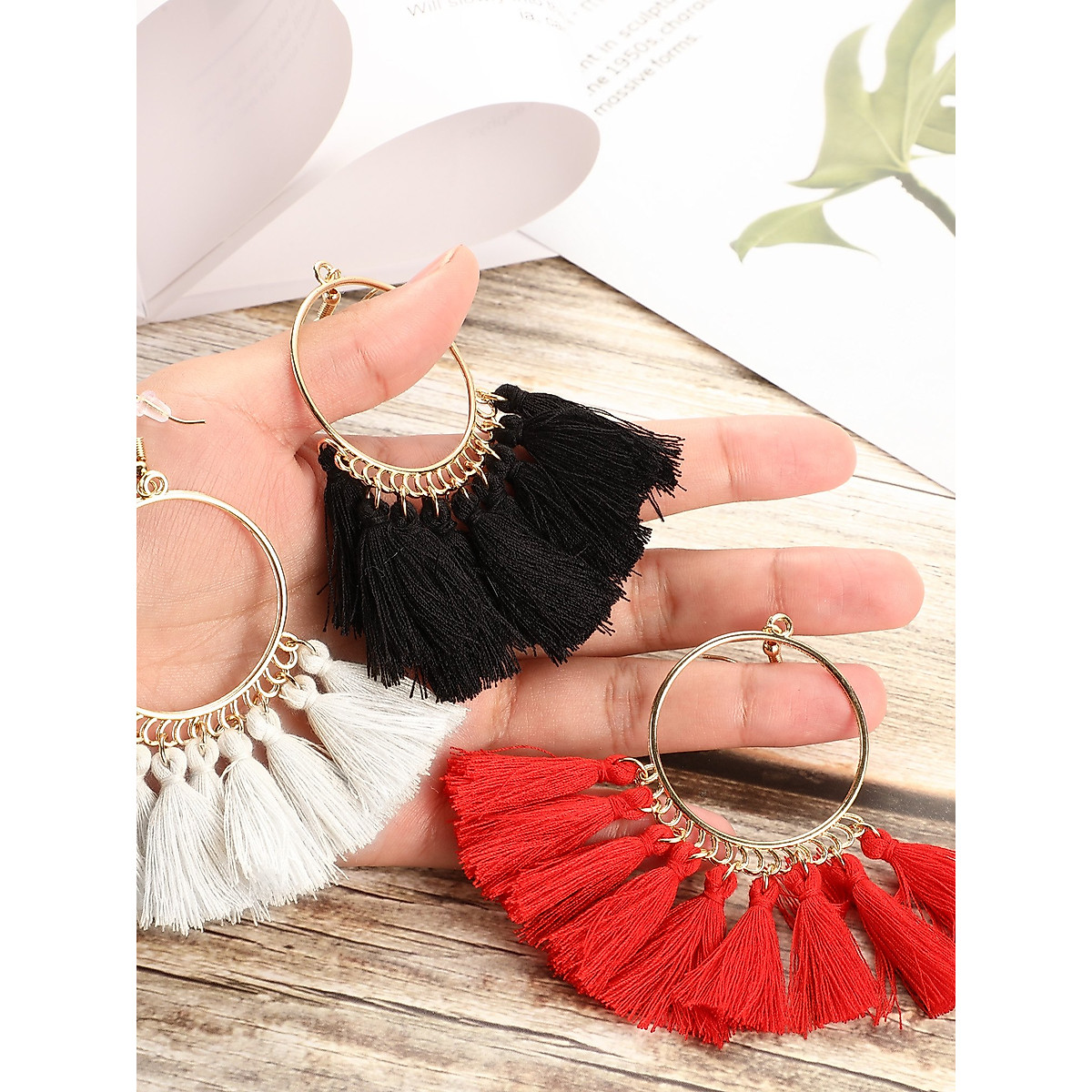 Gejoy Tassel Hoop Earrings Fan-shaped Drop Earrings Dangle Eardrop for Women Party Bohemia Dress Accessory, 3 Pairs