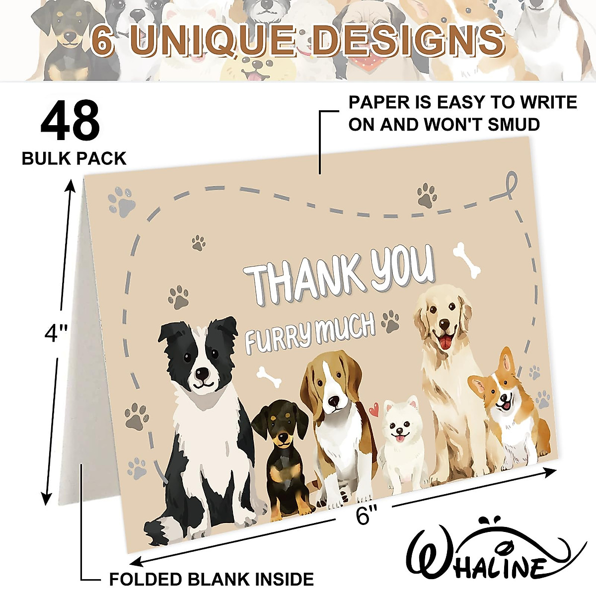 Whaline 48 Pack Cute Dog Thank You Cards Cartoon Greeting Cards with Envelopes & Stickers Blank Note Cards for Baby Shower Birthday Party Invitation Supplies