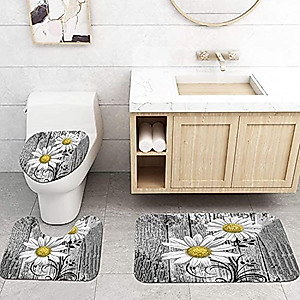 DuoBaorom 4 Pieces Set Daisy Shower Curtain Set Yellow and White Flower Rustic Wood Art on Non-Slip Rugs Toilet Lid Cover Bath Mat and Bathroom Curtain with 12 Hooks 72x72inch