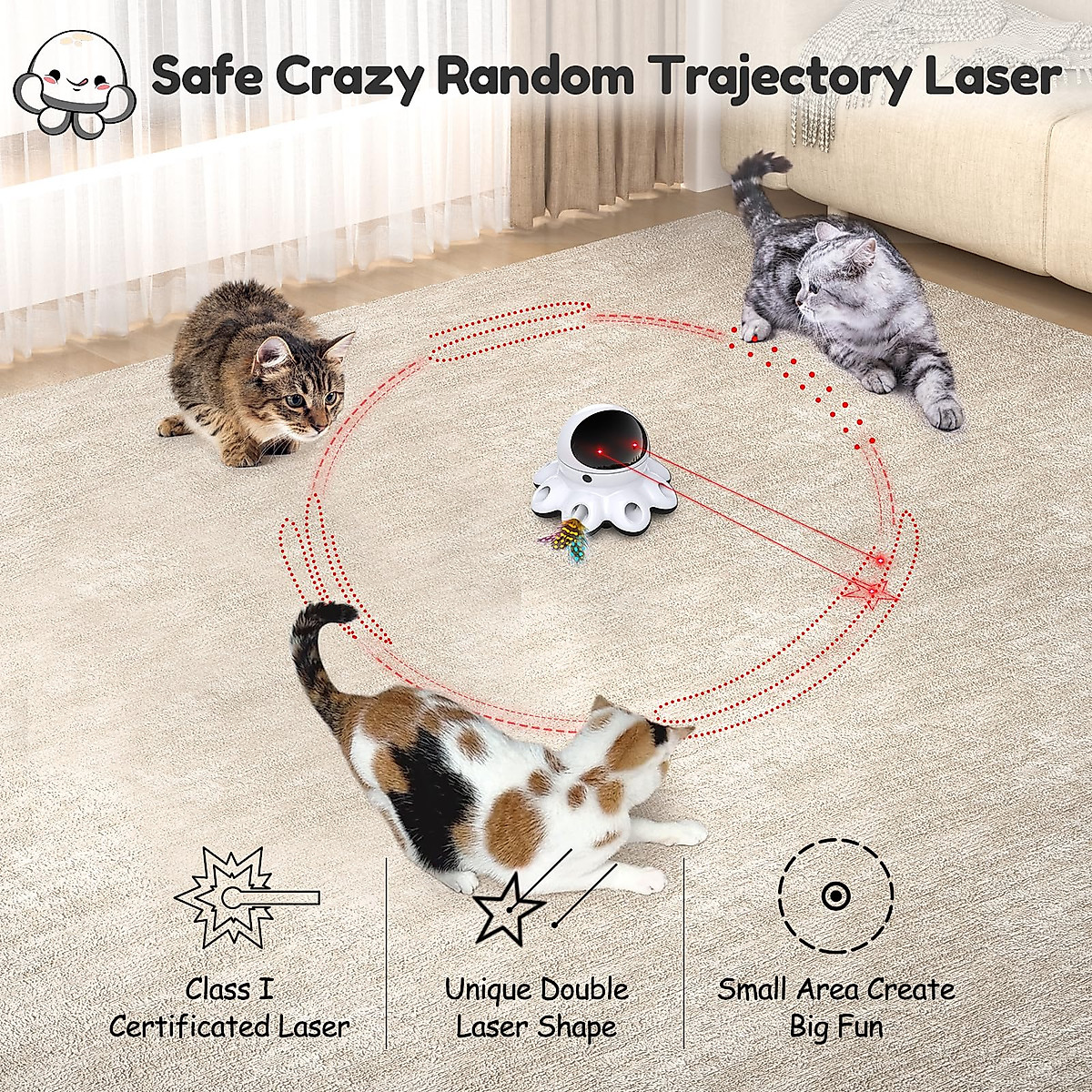 ORSDA Cat Laser Toy, 2-in-1 Interactive Cat Toys for Indoor Cats, Automatic Laser Pointer Cat Toy, 8 Holes Mice Whack A Mole Moving Feather, USB Rechargeable Electronic Kitten Toys for All Breeds