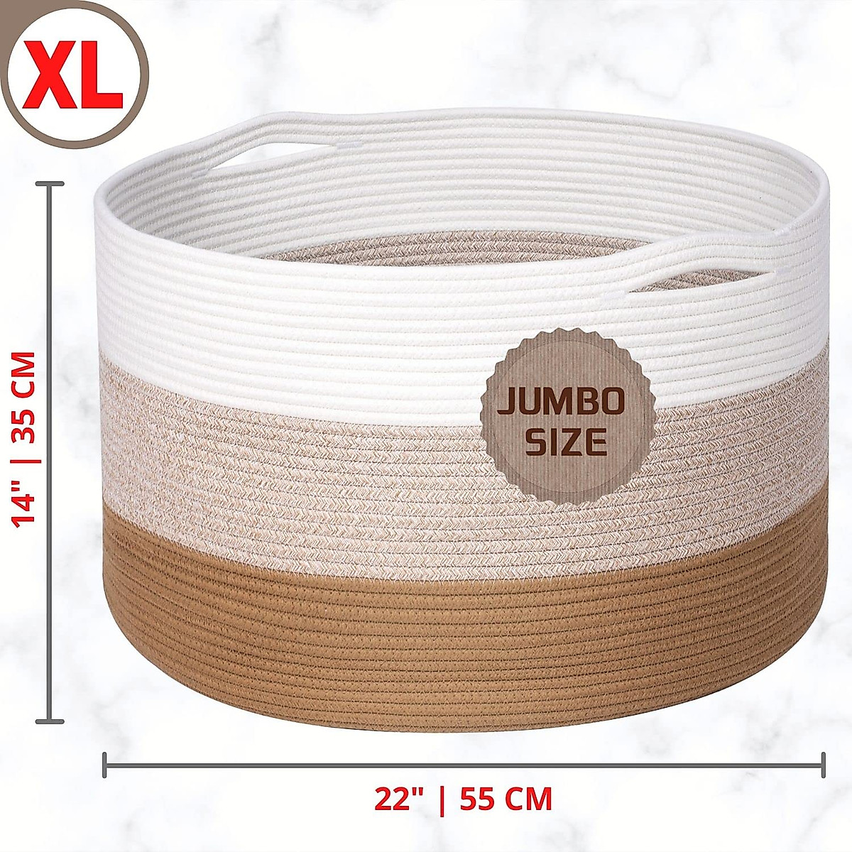 MINTWOOD Design Extra Large 22 x 14 Inches Blanket Storage Basket, Laundry Basket, Decorative Woven Cotton Rope Baskets for Blanket Storage Living Room, Toy Storage Basket Bin, Black & Brown