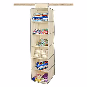 Smart Design Shelf Cubby Hanging Organizer w/ Hook & Loop - VentilAir Material - Clothing, Clothes, Accessories, & Closet Storage - Home Organization (6-Tier, Beige w/ Slate Trim)