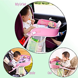 Kids Travel Tray for Toddler Car Seat, Toddler Car Seat Tray Organizer with Sturdy Play Table and Phone Holder, Road Design Enables Snack Play, Pink