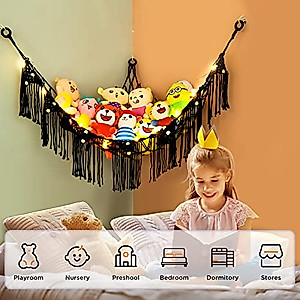 CanJoo Stuffed Animal Net, Stuffed Animal Hammock with LED light Wall Mesh Toy Net Hammock for Stuffed Animals Corner Hanging Toy Storage Organizer Plush Toy Net for Kids’ Play Room Bedroom Black
