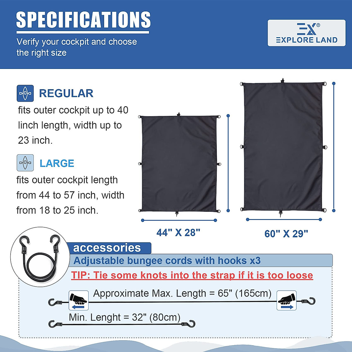Explore Land Universal Kayak Cockpit Drape Waterproof Seal Cockpit Cover for Indoor and Outdoor 2 Pack - Large 60 x 29 inch, Black
