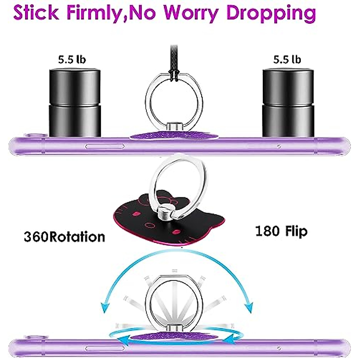 Cat Phone Ring Holder Cute Kitty 3 Pack,Fonessary Metal Finger Ring Grip Kickstand 360 Rotate for Smartphones