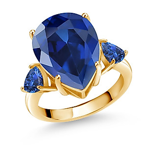 Gem Stone King 18K Yellow Gold Plated Silver Blue Simulated Sapphire Ring For Women (11.28 Cttw, Pear Shape 16X12MM, Available In Size 5, 6, 7, 8, 9)