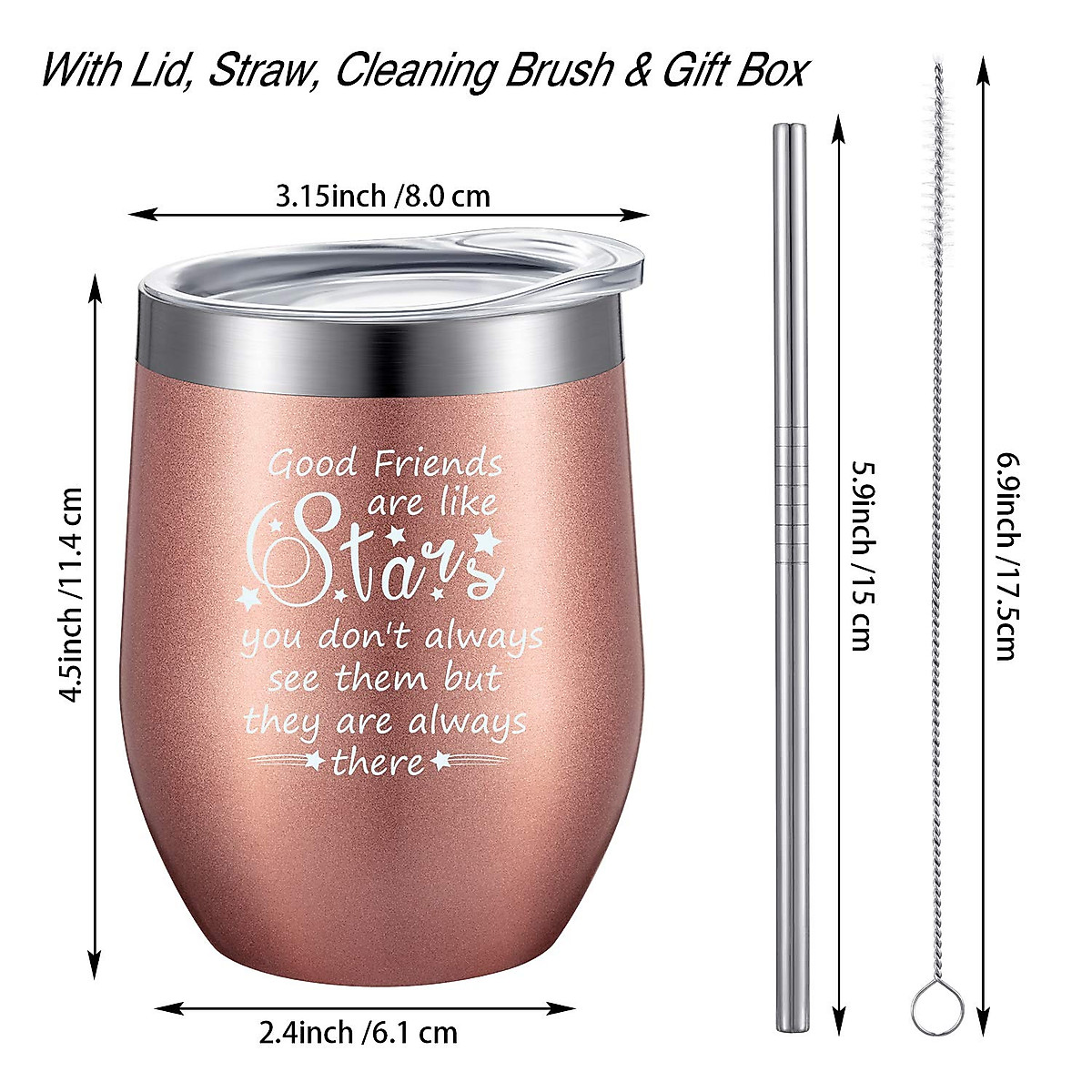 2 Pack Good Friends are Like Stars Wine Tumbler Cup, Friendship Gift, Funny Long Distance Birthday Gift for Women, Best Friend, Soul Sister, BFF, Coworkers, Sister Tumbler Mug with Gift Box (12 oz)