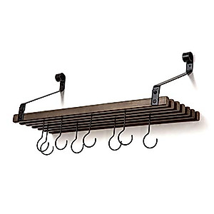 Soduku Pot Pan Rack with Solid Wood Shelf, Wall Mounted Multifunctional Kitchen Hanging Organizer with 8 Hooks for Pots Pans Lids Utensils Cookware Brown