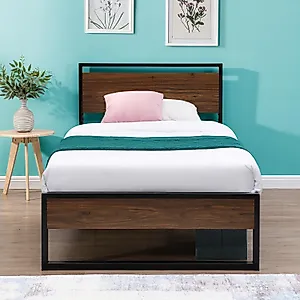 Metal Twin Size Bed Frame with Wood Headboard and Footboard, Platform Bed with Under-bed Storage Space, No Box Spring Needed, Sturdy Non-Slip Without Noise, Steel Slats, Mattress Foundation, Black