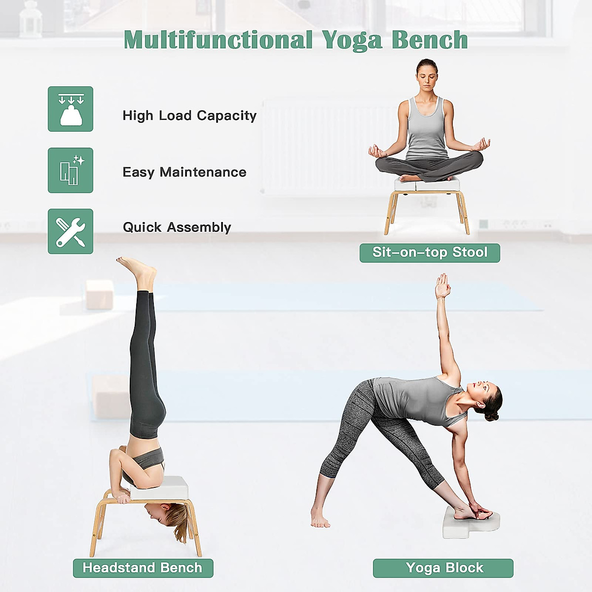 Giantex Yoga Headstand Bench, Upside Down Chair for Balance Training, Body Shaping & Core Strength Building, Inversion Stool w/Solid Wood Frame & Detachable PU Pads, White