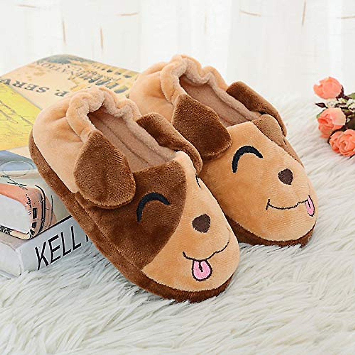 eccbox Toddler Boys Girls Cute Slippers Unicorn Fluffy Fuzzy Winter Warm Slippers Cartoon Animal Plush Indoor House Slip-on Shoes (Brown Dog, numeric_7_point_5)