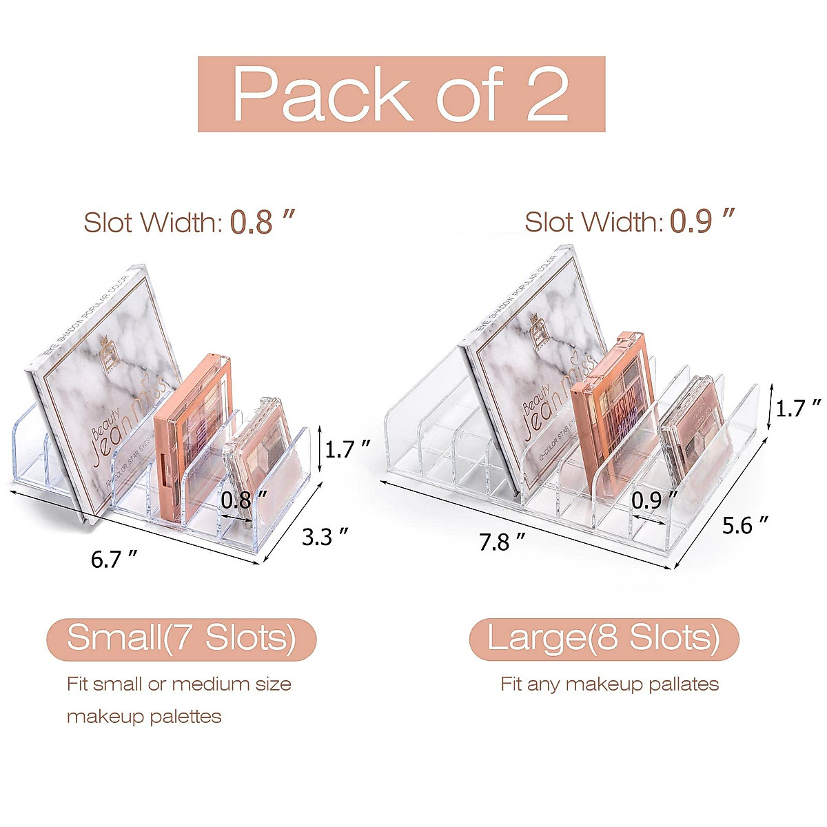 Tecbeauty 2pcs Makeup Palette Organizer Clear Cosmetic Eyeshadow Palettes Storage Tray - 15 Slots