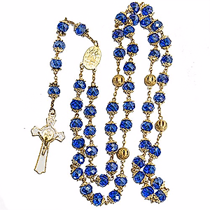 St Benedict Gold Plated Deep Blue Crystals Rosary Beads Miraculous Medal Catholic