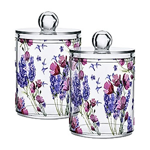 4 Pack Qtip Holder Dispenser Purple Lavender on White Cotton Ball Cotton Swab Cotton Round Pads Floss Clear Bathroom Storage Containers Plastic Apothecary Jars with Lids