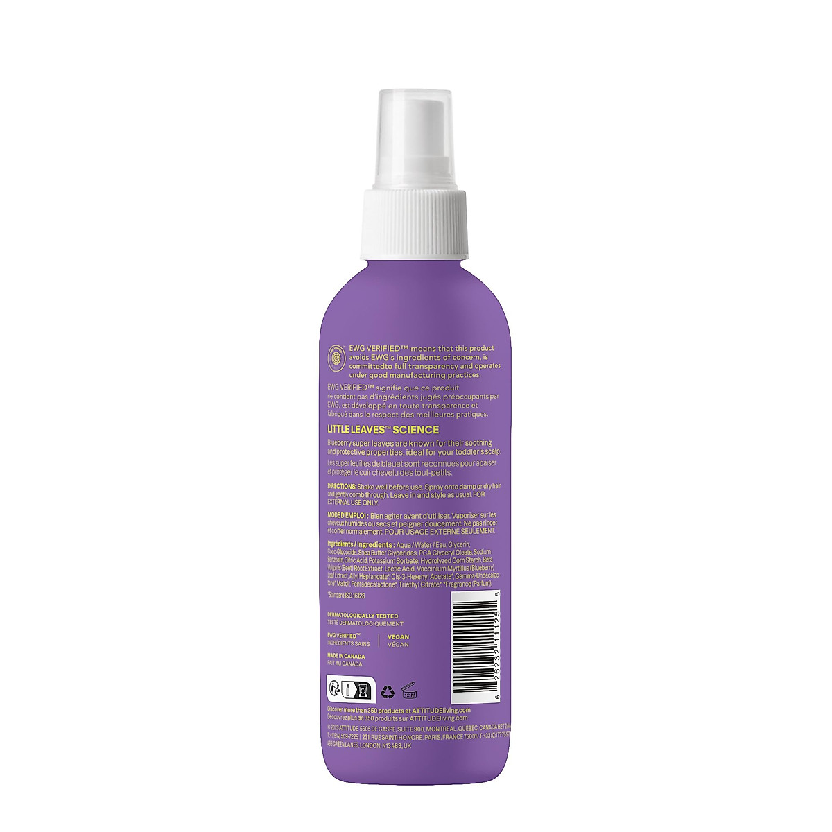 ATTITUDE Rinse-free Hair Detangler for Kids, EWG Verified Leave In Product, Plant- and Mineral-Based Ingredients, Vegan, Vanilla & Pear, 8 Fl Oz