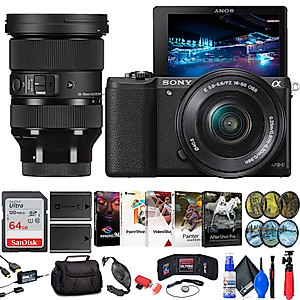 Sony Alpha a5100 Mirrorless Digital Camera with 16-50mm Lens (Black) + Sigma 24-70mm f/2.8 Lens (578965) + Filter Kit + Bag + 64GB Card + NPF-W50 Battery + Corel Photo Software + More (Renewed)