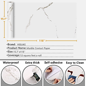 VEELIKE 15.7''x118'' White Marble Contact Paper for Countertops Waterproof Self Adhesive Matte Marble Wallpaper Peel and Stick Countertops for Kitchen Counter Top Covers for Bathroom Table Cabinets