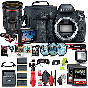 Canon EOS 6D Mark II DSLR Camera (Body Only) (1897C002) + 4K Monitor + Canon EF 24-70mm Lens + Pro Mic + Headphones + 2 x 64GB Card + Case + Filter Kit + Photo Software + More (Renewed)
