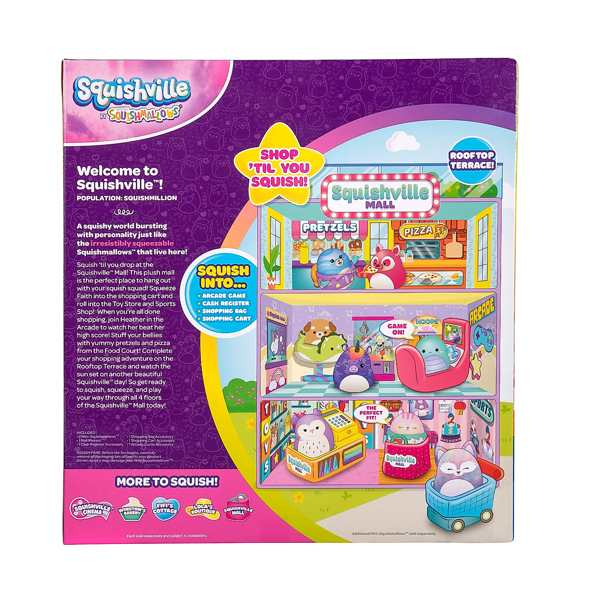 Squishville by Squishmallows SQM0158 Mall-Two 2” Mini-Squishmallow Plush Characters, Themed Play Scene, Plus 4 Accessories Bag, Shopping Cart, Cash Register, Arcade Machine, Multi