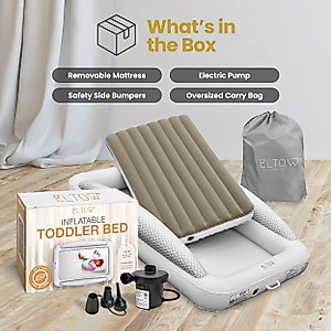 ELTOW Inflatable Toddler Travel Bed with Safety Bumpers, Portable Toddler Bed for Travel & Camping, Complete Kids Air Mattress Set, Toddler Blow Up Mattress with Sides, High Speed Pump, Carry Bag