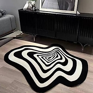 Black and White Abstract Striped Irregular Shape Area Rug 3ft Faux Wool Ultra Soft Rug for Livingroom Bedroom Diningroom Aesthetic Home Office Decor Playroom Carpet