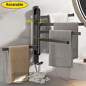 Little World Swivel Towel Rack, 5-Arm Towel Holder Wall Mounted Towel Racks for Bathroom, Aluminum Towel Bar Black Space Saving with Hook Bathroom Towel Holder