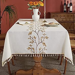 Laolitou Cotton Linen Waterproof Tablecloth for Dining Table Farmhouse Kitchen Rectangle Table Cloth Coffee Wrinkle Free Table Cover, Beige, Coffee Flower, 55x86 Inch