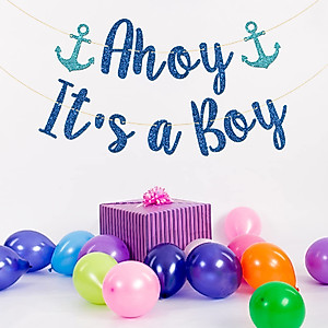 Talorine Ahoy It's a Boy Banner, Sailor Themed Party Decor, Baby Shower Gender Reveal, Nautical Party Decorations (Blue Glitter)