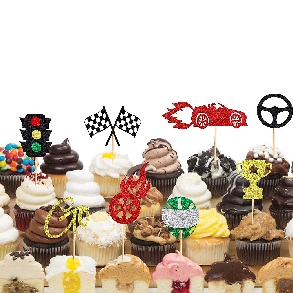 Arthsdite 24 PCS Race Car Cupcake Toppers Traffic Light Steering Wheel Trophy Flag Helmet Racing Car Cupcake Picks for Let's Go Racing Sports Theme Baby Shower Boys Birthday Party Cake Decorations