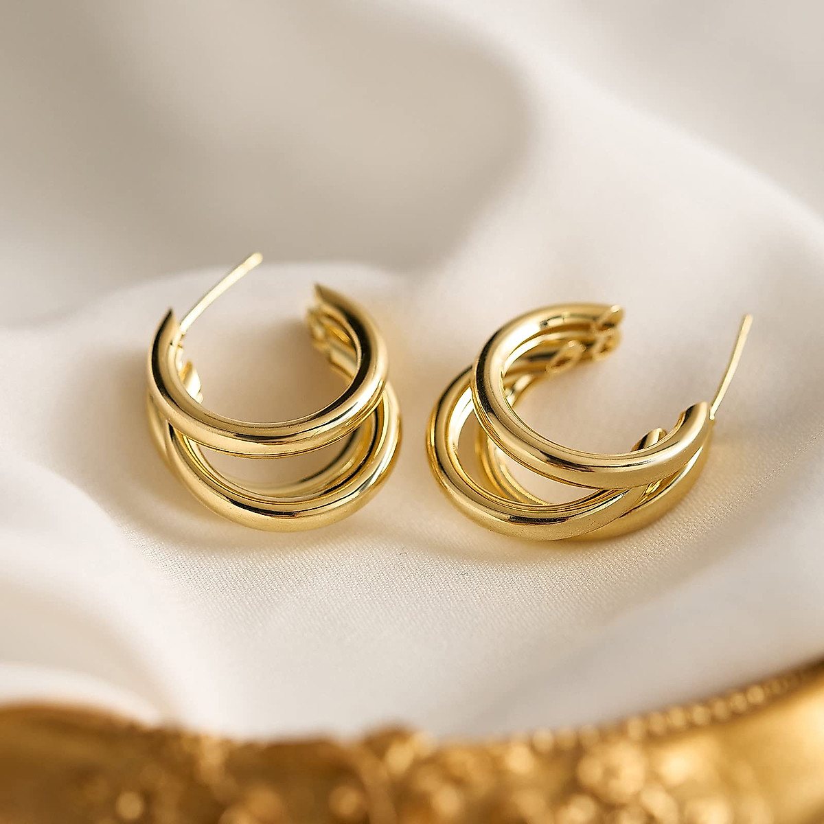 SWEETV Chunky Gold Hoop Earrings 20mm Thick for Women Triple Hoops Sterling Silver Open Earring