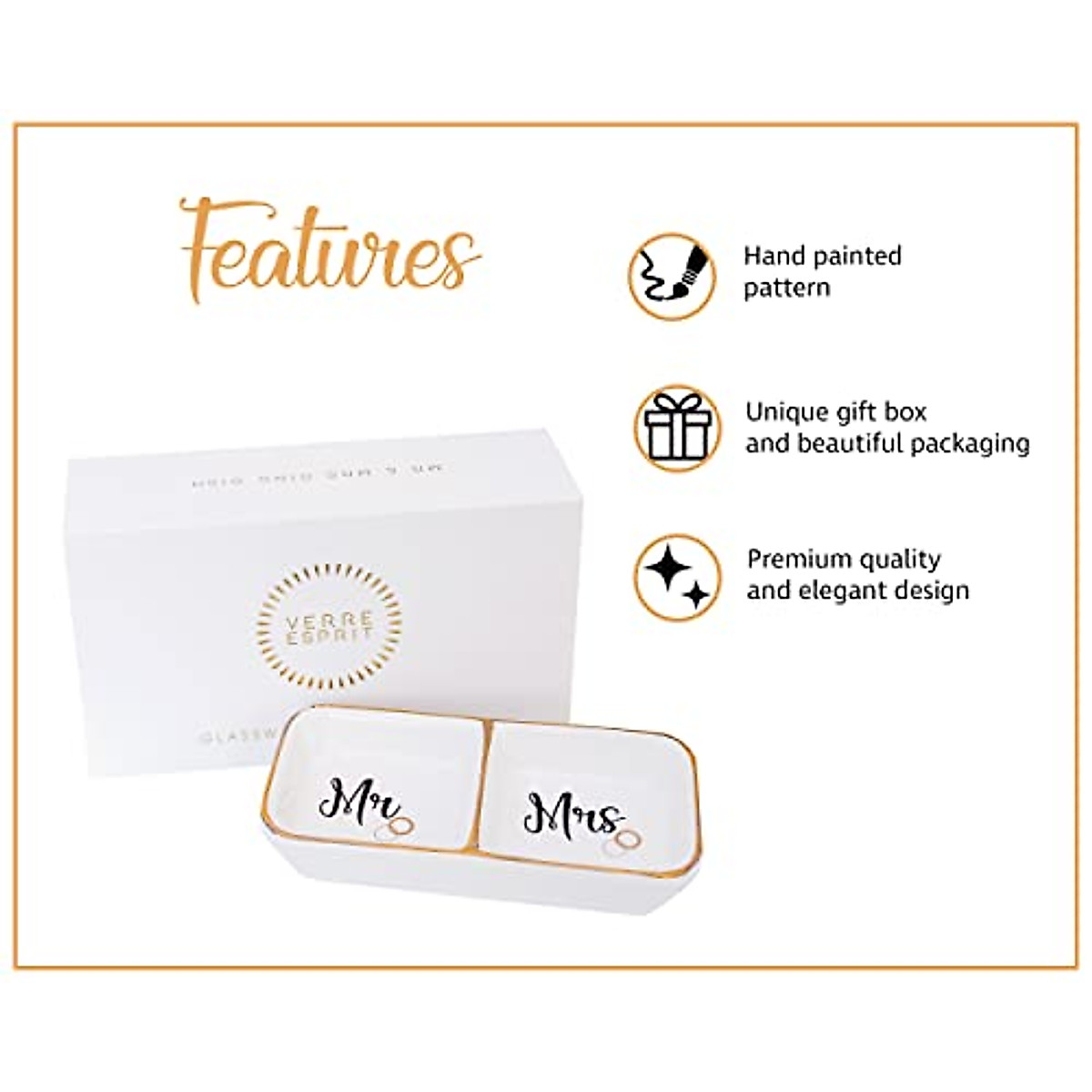 Verre Esprit Ring Dish Engagement - Mr And Mrs Ring Dish - Ceramic Couples Ring Holder - Trinket Dish for Newly Weds, Wedding Ring Holder - Wedding Trinket Tray