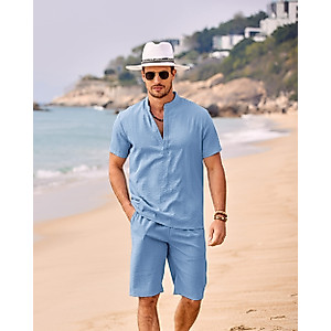 COOFANDY Men's 2 Pieces Linen Set Casual Henley Shirts Short Sleeve Beach Yoga Shorts Summer Pants Outfits
