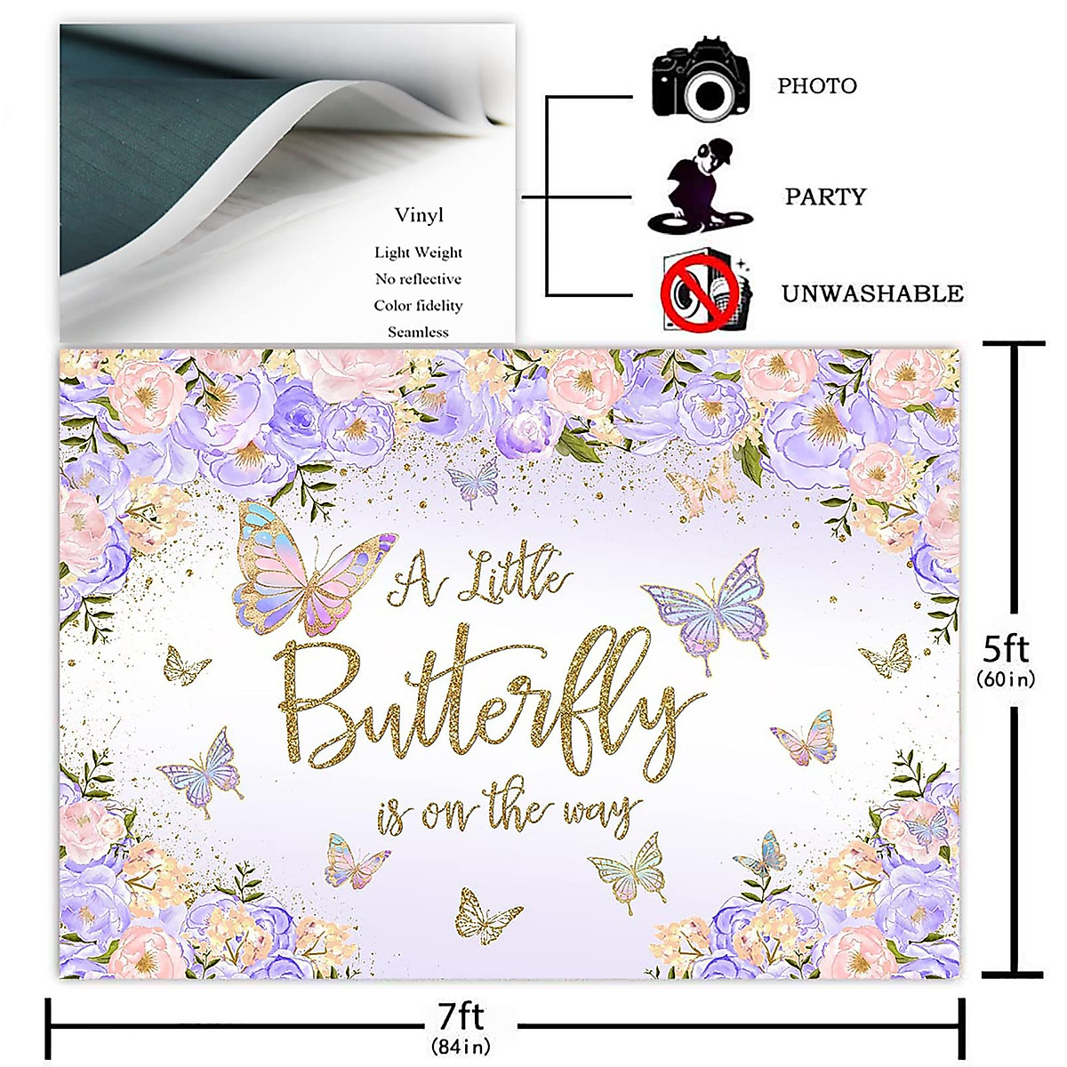Avezano Butterfly Baby Shower Backdrop for Girl's Purple Floral Pastel Butterflies Baby Shower Background Pink Lilac Purple Gold Butterfly Kisses and Baby Wishes Sprinkle Party Decorations (7x5ft)