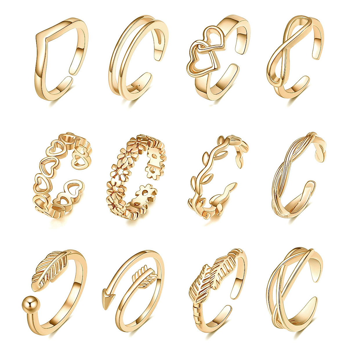 TOBENY 12PCS 14K Gold Plated Adjustable Toe Rings for Women Flower Arrow Band Open Tail Ring Women Beach Foot Jewelry Set