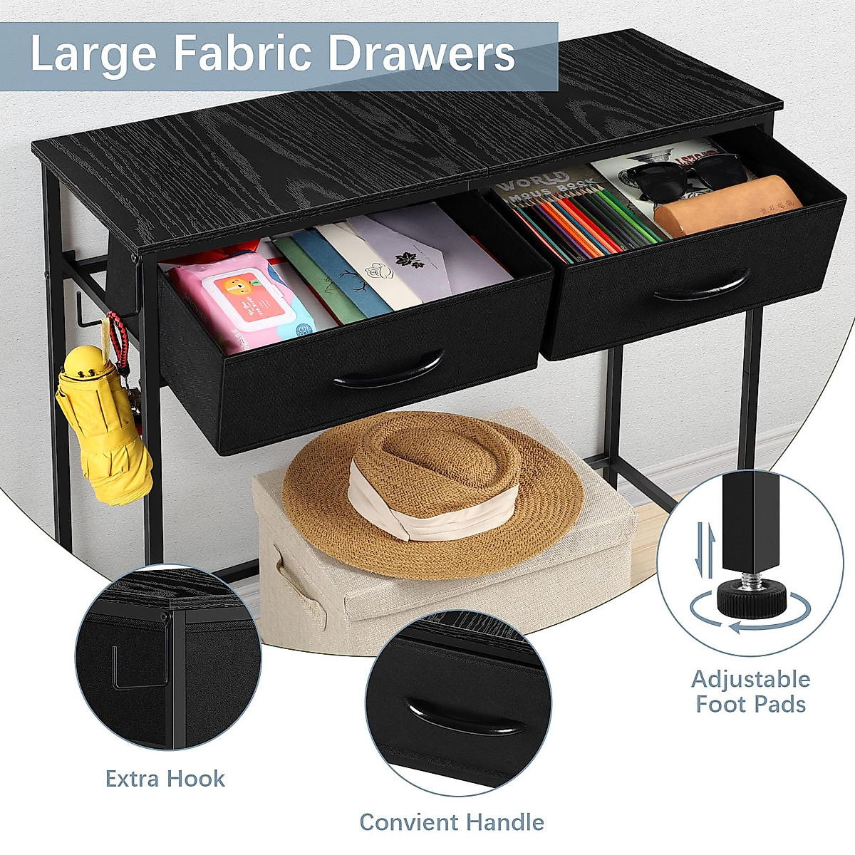 Console Table with 2 Drawers, 31.5 inches Small Entryway Table with Storage, Black Narrow Modern Sofa Table with Hooks and Fabric Drawers for Living Room Foyer Bedroom Corridor Office, Industrial