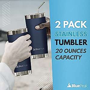 BluePeak Double Wall Stainless Steel Insulated Tumbler Set, 2-Pack, Includes Sipping Lids, Spill-Proof Sliding Lids, Straws, Cleaning Brush & Gift Box (20oz, Navy)