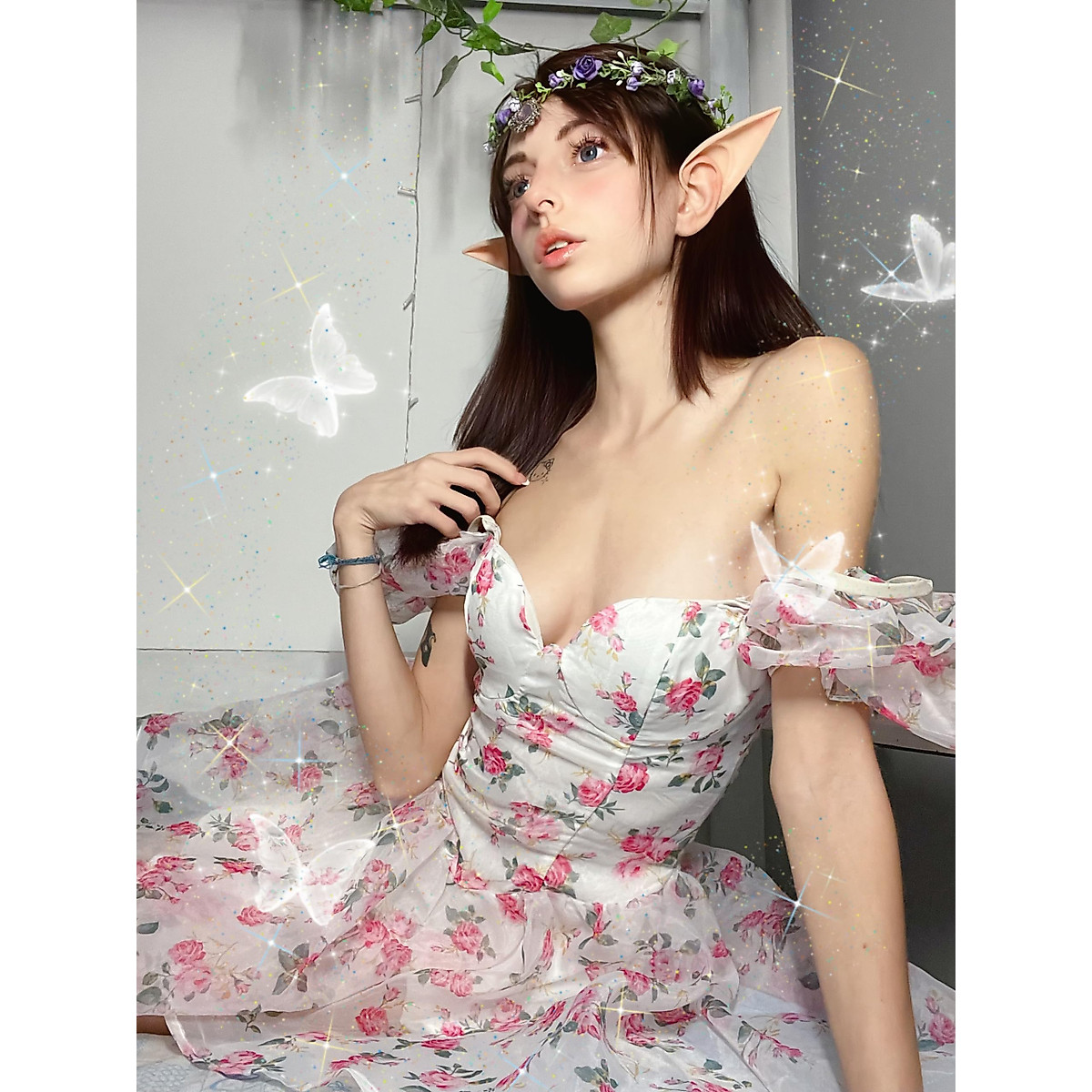 MOSTORY Purple Flower Headpiece - Fairy Floral Crown Woodland Elf Headband Forest Wreath Elven Tiara for Renaissance Cosplay Christmas Wedding Party Bridal Women Girls