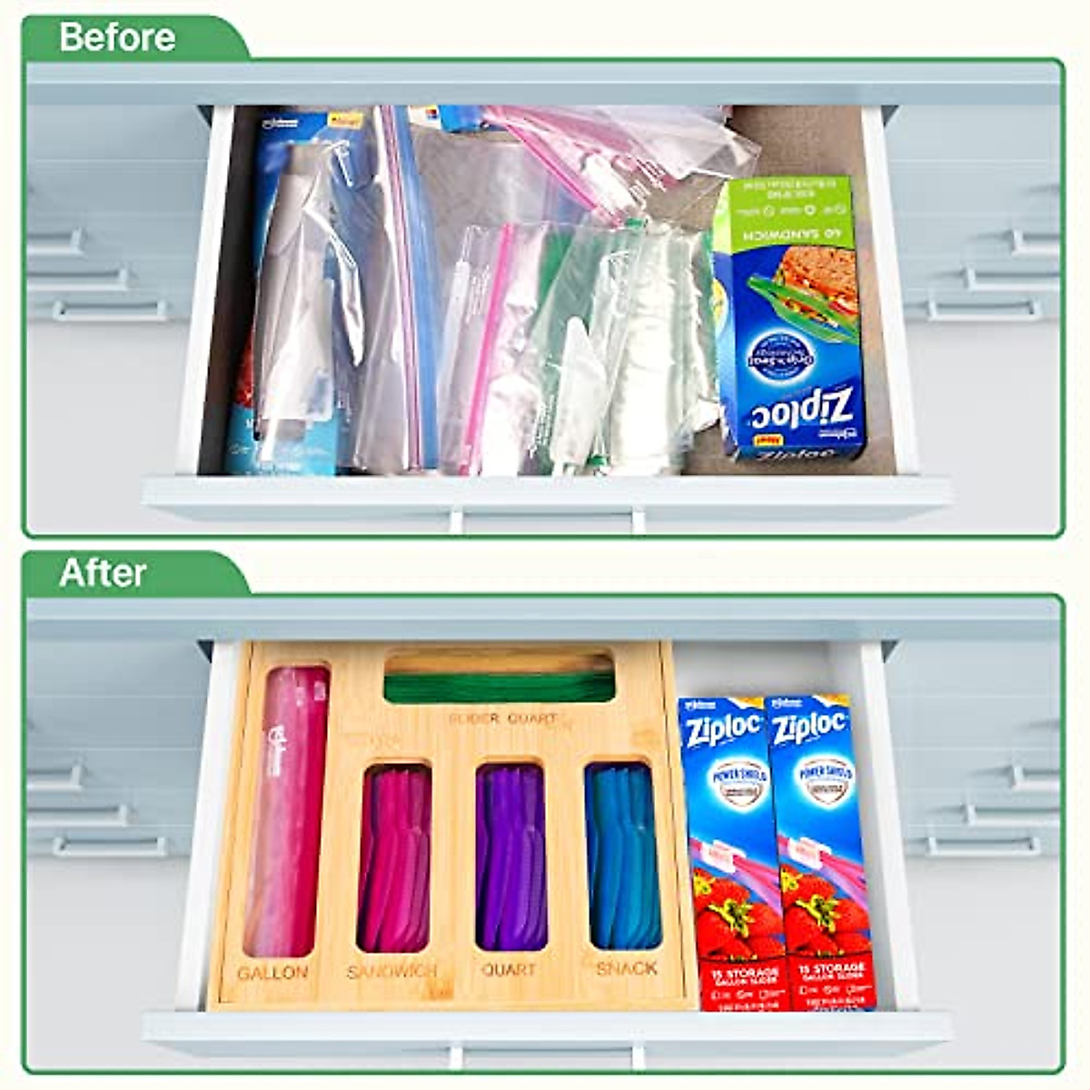 NIKUY Bag Storage Organizer for Kitchen Drawer, Bamboo Baggie Organizer, Compatible with Ziploc, Solimo, Glad, Hefty for Gallon, Quart, Sandwich and Snack Variety Size Bag (1 Box 5 Slots)