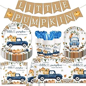 Yuzioey 177pcs Pumpkin Baby Shower Decorations, A Little Pumpkin is On The Way, Fall Pumpkin Disposable Dinnerware (Serve 25 Guests)with Paper Plates Cups Napkins, Banner Tablecloth