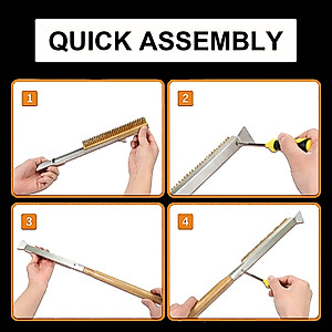 InterMaka 21 Inch Pizza Oven Brush with Scraper, Long Handle Pizza Stone Brush, Grill Cleaning Brush, Outdoor Pizza Oven Accessories with Wood Handle & Brass Bristles